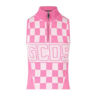 GCDS Gestreiftes Top mit halbem Rei&szlig;verschluss und Logo-Band - - Tops - Damen - Rosa - XL