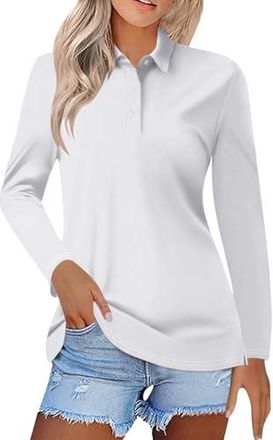 Generic Polo uni à manches longues en coton piqué de qualité supérieure pour femme - Tendance automne 2024 - Extensible et respirant - Pour intérieur et extér
