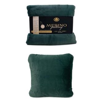 Gözze Wendewohndecke Merino und 2er Set Merino-Kissenhülle, 220x240 cm + 50x50 cm, Farbe: dunkelgrün