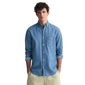 GANT Homme, Chemises, Bleu, Taille: M Chemise Chambray Indigo &agrave; Effet D&eacute;lav&eacute;