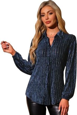 Allegra K Chemise en Velours Femme Manches Longues Haut Coupe Ample Chemisier Boutonné à Plis Décontracté Blouse Vintage Casuel Bleu Foncé S