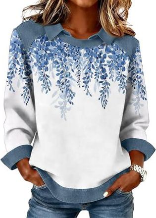 Generic Sweat-shirt l&eacute;ger &agrave; col en denim patchwork pour femme - Style r&eacute;tro - Streetwear - Pour la Saint Patrick, bleu, XXL