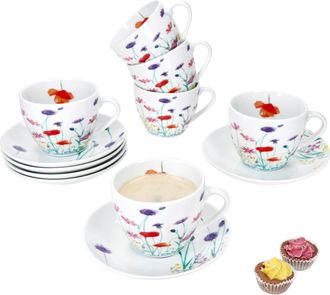 MamboCat Marie Kaffeetassen mit Untertassen für 6 Personen I Porzellan-Set mit Blumenwiese für Frühstück & Kaffee I Je 6X Teetassen 190ml & Untertassen