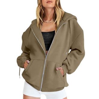 Generic Veste &agrave; capuche zipp&eacute;e doubl&eacute;e en polaire pour femme, sweat surdimensionn&eacute; d&eacute;contract&eacute; avec poche, kaki, 4XL