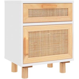 vidaXL Nachttisch Wei&szlig; Massivholz Kiefer und Natur-Rattan - Vidaxl