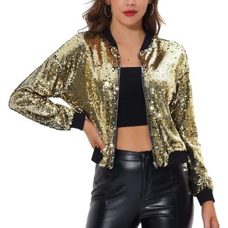 Allegra K Damen-Bomberjacke mit Pailletten, lang&auml;rmelig, Rei&szlig;verschluss, gl&auml;nzendes Glitzer-Oberteil, glitzerndes Party-Outfit, Metallic, Gold, L
