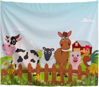 A.Monamour Wandteppiche Glücklich Farm Animal Cartoon Sammlung Kuh Schwein Schafe Pferd Türkei Für Kinder Drucken Textilgewebe Wandbehang Tapisserie Wandbild Vor