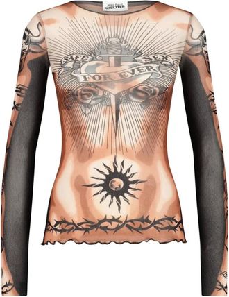 Jean Paul Gaultier Femme, Tops, Brun, Taille: 36 FR Pull &agrave; Col Rond avec Imprim&eacute; Tatouage