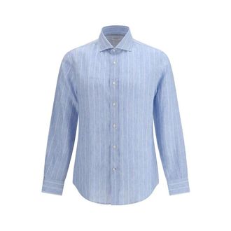 Brunello Cucinelli Homme, Chemises, Bleu, Taille: L Linen Pattern Shirt