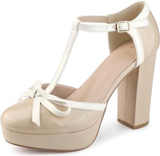 Allegra K Escarpins &agrave; Talons &eacute;pais et &agrave; Bride en T pour Femmes Nu 38.5