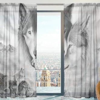 Mnsruu Vorhänge mit Wolf, durchsichtig, 198 cm lang, Voile, für Wohnzimmer/Schlafzimmer