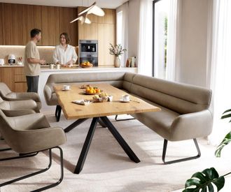 DELIFE Esszimmerbank Taya-Flex 285x190 cm Mikrofaser Beige Vintage Kufengestell flach Schwarz Taschenfederkern Rechts, Eckb&auml;nke