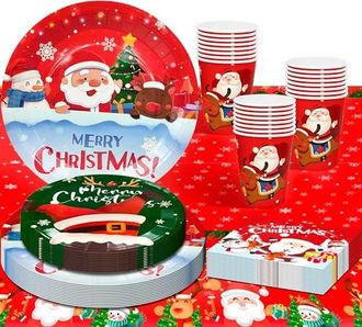 Generic Vaisselle de F&ecirc;te de No&euml;l, 65pcs Fete de Noel Vaisselles Set - Assiette Th&egrave;me Carton, Serviette en Papier Noel & Nappe de Decoration Noel etc Vaissell
