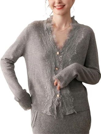 Generic Cardigan dhiver 100 % cachemire pour femme en dentelle tricot&eacute;e avec col en V, gris, Taille M
