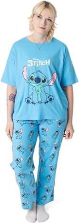 Disney Lilo & Stitch Ensemble Pyjama Femme | Haut à Manches Courtes et Bas de Pyjama à Manches Longues Stitch Graphic pour Adultes en Bleu | Vêtements de Nui