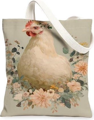 Generic Sacs fourre-tout en toile motif floral poulet, sacs d&eacute;picerie r&eacute;utilisables, l&eacute;gers et lavables avec bandouli&egrave;re, beige, 13x15 Inch