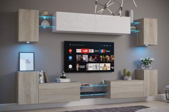 Furnitech Wohnwand Wohnzimmer | M&ouml;bel mit LED Blau | H&auml;ngend Modern | Schrankwand mit Regale und TV Schrank (Nairobi D40-HGM-SW10)