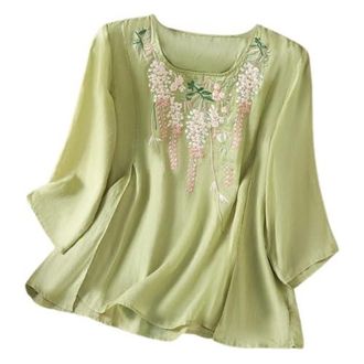 Generic T-shirt d&eacute;t&eacute; d&eacute;contract&eacute; et &eacute;l&eacute;gant avec cinq manches quarts, temp&eacute;rament, t-shirt r&eacute;tro litt&eacute;raire avec col rond et broderie, vert, 3XL