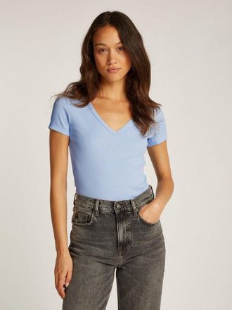 Tommy Jeans Kurzarmshirt TJW SLIM ESSENTIAL RIB V SHORT SLEEVE mit gerippter Struktur, V-Ausschnitt, Slim Fit