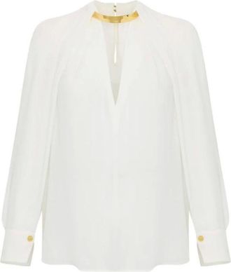 Elisabetta Franchi Femme, Blouses et Chemises, Beige, Taille: 38 FR Blouse en Georgette de Viscose avec D&eacute;tail Bijou