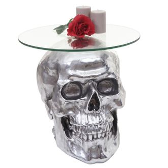 Mendler Beistelltisch Totenkopf HWC-A19AM, Polyresin Glastisch Wohnzimmertisch, Silber 52x55x55cm