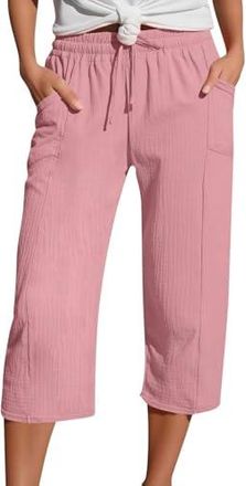 Generic Pantalon court en lin pour femme, pantalon capri pour femme, pantalon d&eacute;t&eacute; d&eacute;contract&eacute;, taille &eacute;lastique, pantalon de jogging 3/4 avec cordon de serra