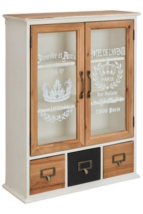 Landscape H&auml;ngevitrine, Braun, Schwarz, Wei&szlig;, Metall, Tanne, massiv, 2 F&auml;cher, 3 Schubladen, 48x62.3x18.5 cm, h&auml;ngend, Wohnzimmer, Wohnw&auml;nde, Vitrinenschr&auml;nke