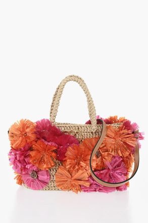 Valentino Raffia Handbag With Raised Flower Details And Removable Strap Valentino