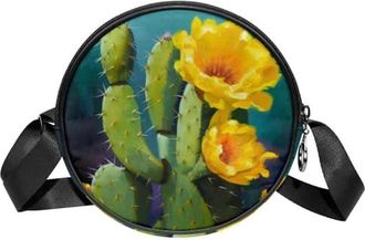 Generic Petit sac &agrave; bandouli&egrave;re rond pour femme, motif fleurs de cactus avec fermeture &eacute;clair, bretelles r&eacute;glables, sac &agrave; main rond d&eacute;contract&eacute; pour femmes et
