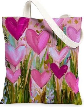 Generic Sacs fourre-tout en toile florale pour la Saint-Valentin, motif coeur, sacs d&eacute;picerie r&eacute;utilisables, vintage l&eacute;gers et lavables avec bandouli&egrave;re, p&ecirc;ch