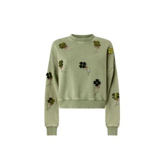Pinko Pinko, Femme, Sweatshirts et sweats &agrave; capuche, Vert, Taille: 40 FR Maglia ricamo a fiori in strass