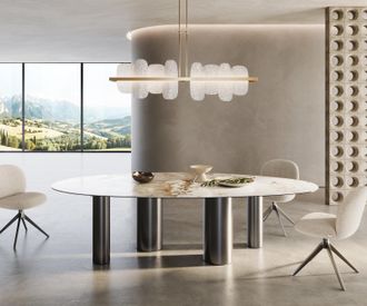 DELIFE Esstisch Edge Oval 280x130 Keramik Minas Melange Wei&szlig;-Beige Pilier Edelstahl Graphit, Esstische