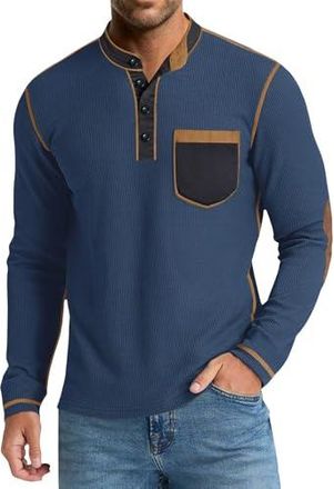 Generic Henley Chemises pour homme avec poche - T-shirt gaufr&eacute; &agrave; col montant - T-shirt &agrave; manches longues - T-shirt de golf d&eacute;contract&eacute; et respirant - Coupe dr