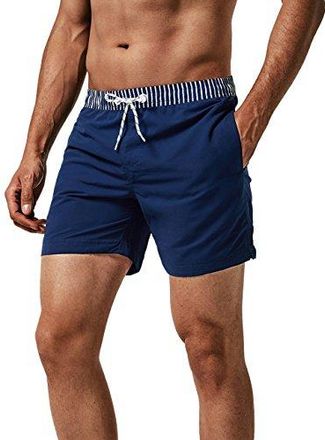 Maamgic Short de Bain pour Homme Maillot de Bain Rayée avec Poche Séchage Rapide Short de Plage pour Vacance Piscine Bleu Marine Ceinture rayée XL