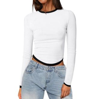 Generic Haut court &agrave; manches longues et col rond pour femme - Coupe ajust&eacute;e - Pour entra&icirc;nement et yoga, blanc, XL