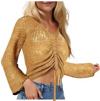 Generic Robes boh&egrave;me 2026 pour femmes, haut court transparent &agrave; &eacute;paules d&eacute;nud&eacute;es avec manches et pull &agrave; volants, jaune, XL