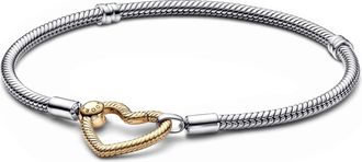 Pandora Moments Herzverschluss Schlangen-Gliederarmband aus Sterling-Silber und 14 Karat vergoldeter Metalllegierung - kompatibel Moments Armbänder - Größe: 2