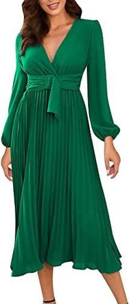 Generic Robe amincissante &agrave; manches longues et col en V avec ceinture pliss&eacute;e et col en V pour femme, Vert, M