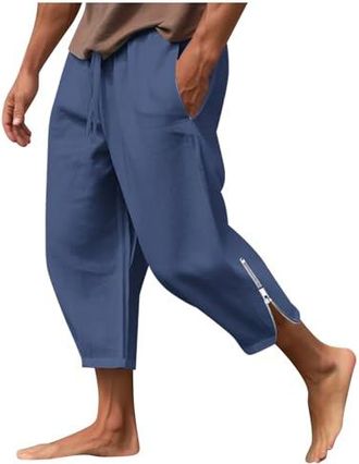 Generic Pantacourt Homme &eacute;t&eacute;, Pantalon Coton Taille Elastique,Pantalon 3/4 Couleur Unie Baggy Pantalons Comfy Vacances &agrave; La Plage avec Cordon D&eacute;contract&eacute; Lin 