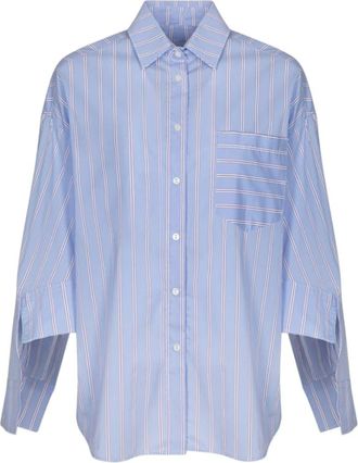 Ga&euml;lle Paris Femme, Blouses et Chemises, Bleu, Taille: 36 FR Camicia Over In Bastonetto Di Cotone Claim Stampato