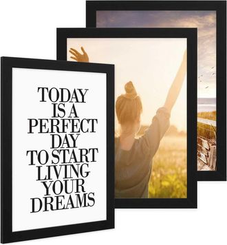 Photolini Bilderrahmen 30x40 Schwarz Holz MDF, 3er Set breite Rahmen 30x40 Schwarz mit Acrylglas, picture frame 30 x 40 zum Aufhängen, Bilderrahmen 40x30 cm plu
