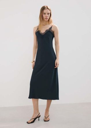 Mango Robe style lingerie satin&eacute;e bleu marine - Femme - XS - MANGO