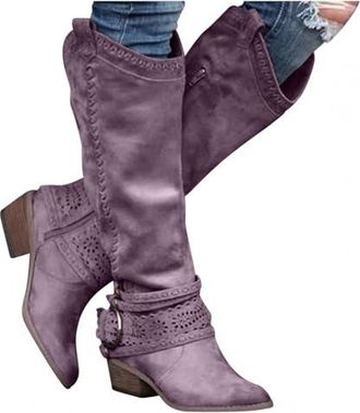 Generic Bottes de cowboy occidentales à hauteur genou pour femme avec fermeture éclair latérale rétro large largeur talon bas mi-mollet chaussures dhiver vint