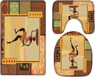 A.Monamour Badezimmer Badematte 3 Teilig Set Silhouetten Der Schönen Afrikanischen Frau Ethnischen Collage Kunst Hintergründe Flanell Saugfähig Badteppiche Badvo