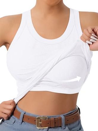 Onsoyours Top avec Soutien Gorge Intégré Femme Ete Débardeur sans Manches Côtelés Tricot Cami Top Basique Débardeurs Haut Tanks Top B Blanc M