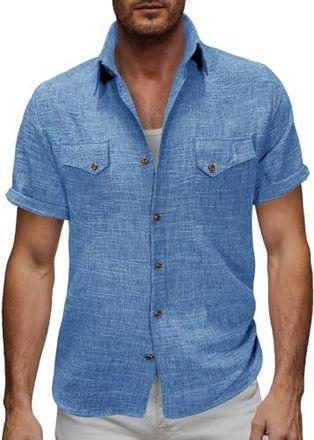 Generic Chemise boutonn&eacute;e en coton et lin pour homme - Manches courtes - Col &agrave; revers - Coupe ample - Doux - Extensible - Pour la plage hawa&iuml;enne - Pour le pr