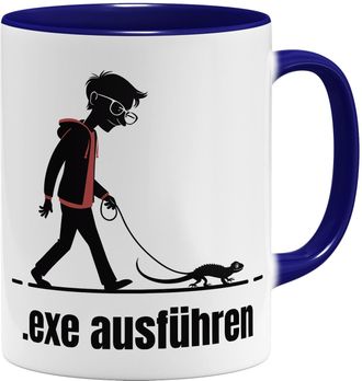 OM3 lustige Kaffee-Tasse mit Spruch - Informatiker exe ausf&uuml;hren - Programmierer Admin I - Keramik Becher - 325ml - Beidseitig Bedruckt - Dunkelblau