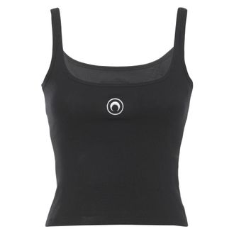 Marine Serre Femme, Tops, Noir, Taille: 42 FR Moon Logo Ribbed Jersey Cropped Tank Top