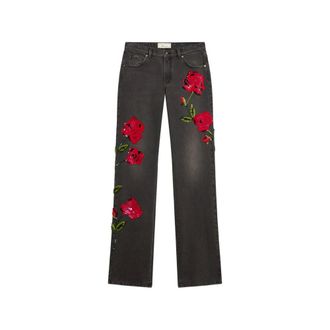 Blumarine Jean droit &agrave; broderies roses en sequins - Femme - Jeans - Gris - Taille: 38 FR