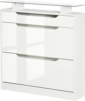 HOMCOM Armoire &agrave; Chaussures avec 2 tiroirs rabattables + 1 tiroir Coulissant + 1 comptoir et 1 Plateau en Verre &eacute;tag&egrave;re r&eacute;glable sur 2 Niveaux 89 x 23 x 96 c